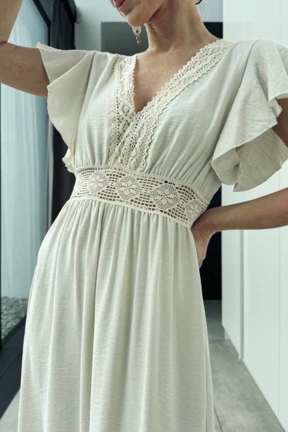 Wiskozowa sukienka maxi z koronką | kremowa > Lamiar